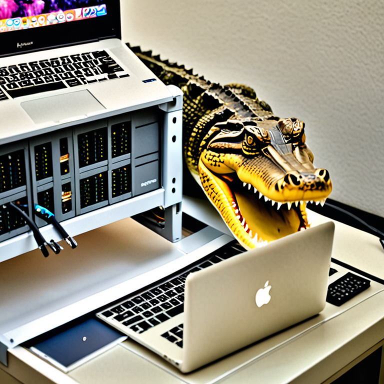 datacenter, crocodile with tie, macbook pro, servers and cables
