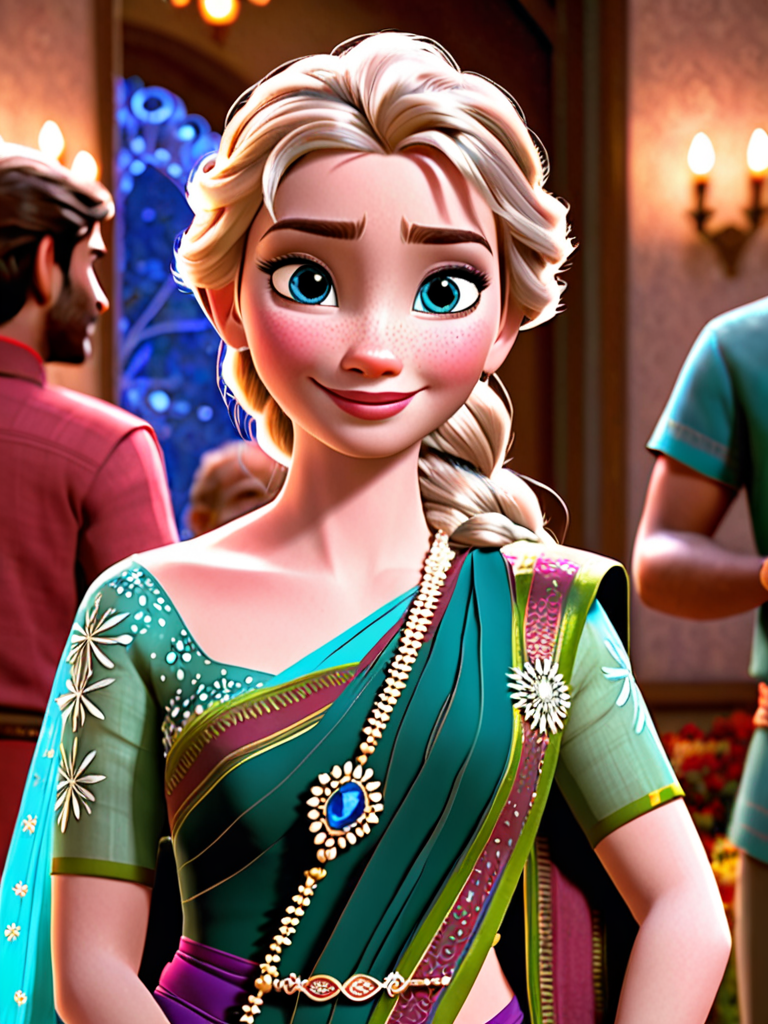 Elsa hug Anna in saree indian smile frozen disney smile look at camera ...
