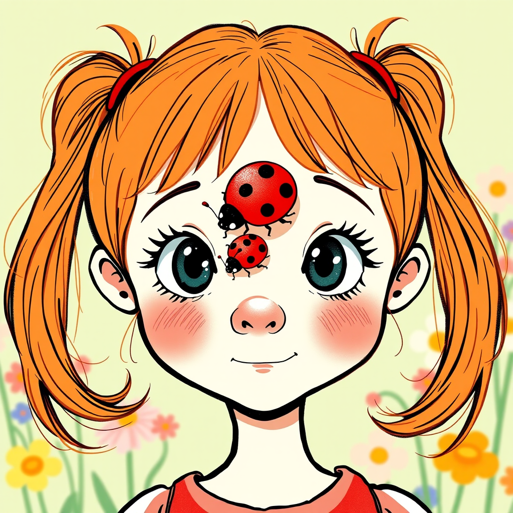 A Cheerful Girl with Ladybugs on Her Forehead Surrounded by Flowers.