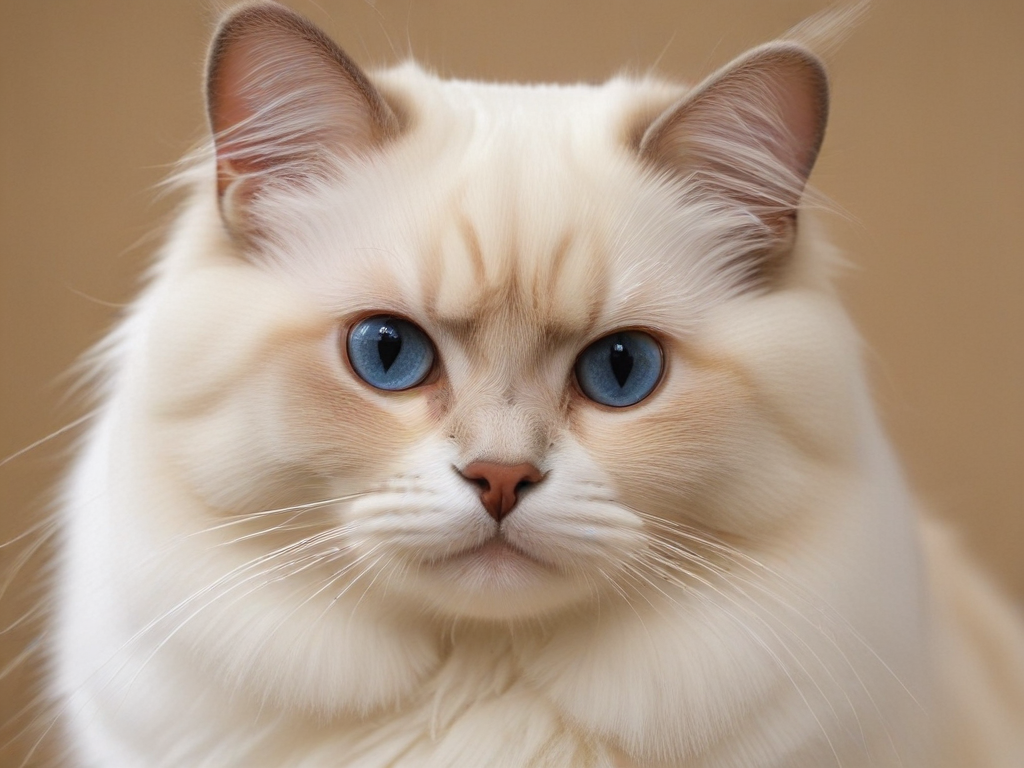 A Beautiful Cream-Colored Cat with Striking Blue Eyes and Fluffy Fur.