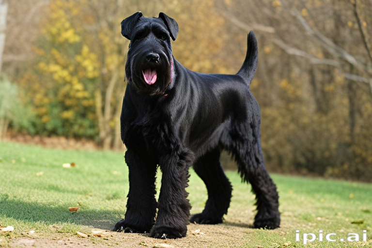 A Playful Black Dog Standing Confidently in a Beautiful Outdoor Scene