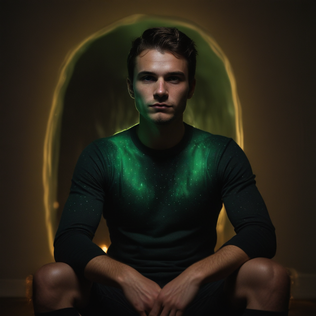 A Person sitting in a completely dark space, project the northern light ...