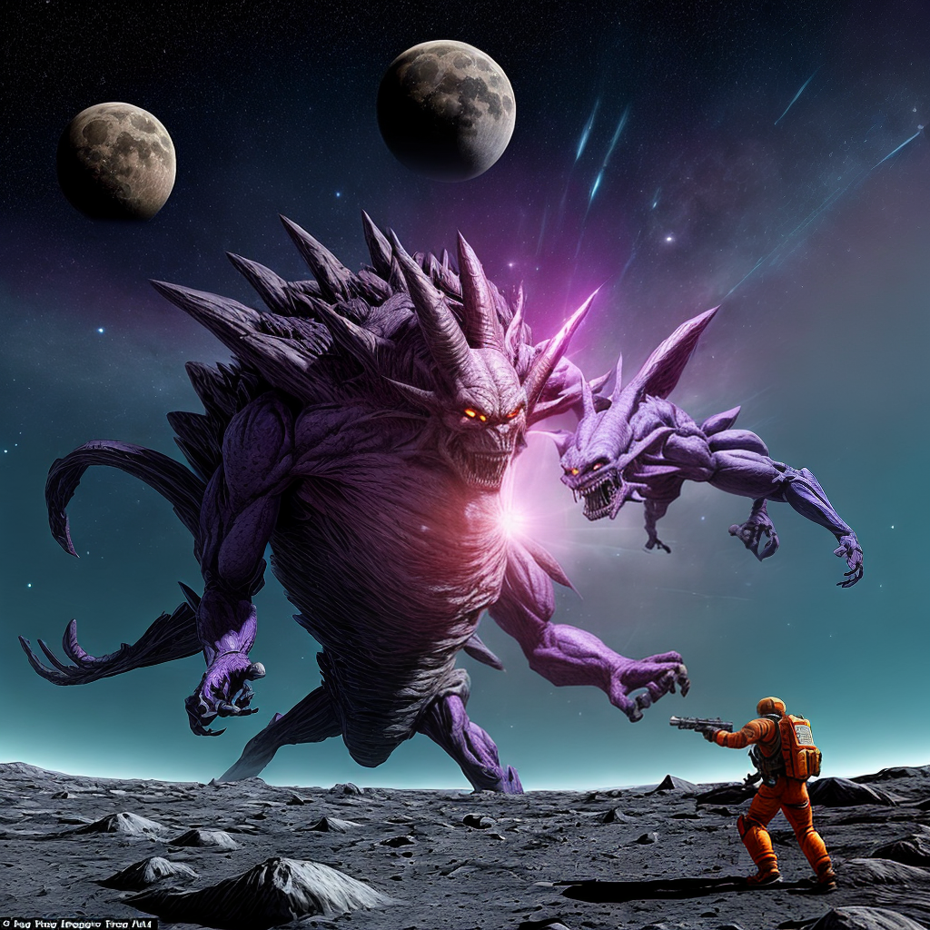 a purple ogre battles an alien orange ogre on the surface of the moon ...
