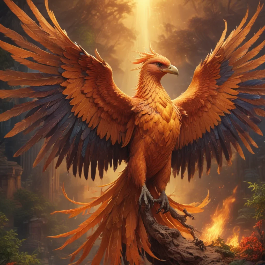 A Majestic Phoenix Rising from the Ashes in a Fiery Forest