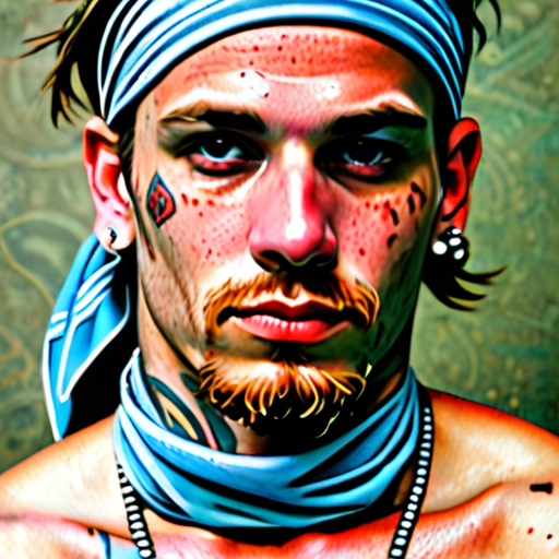 white man gangster in a light blue bandana covered in tattoos