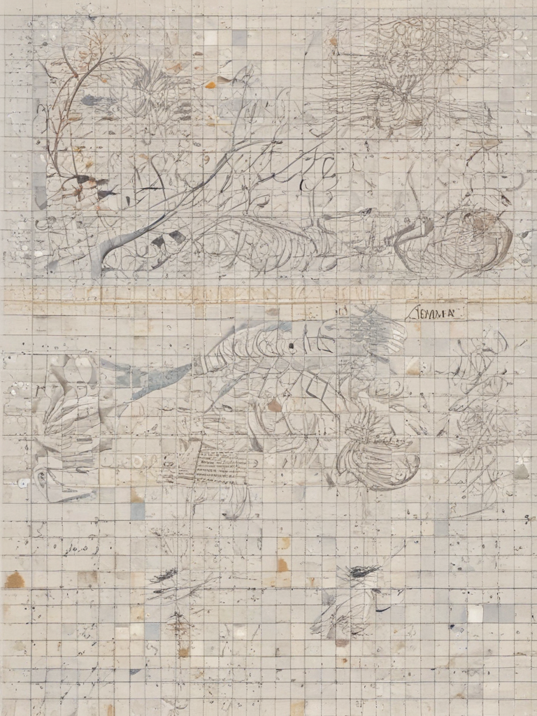 Intricate Grid Artwork Blending Nature and Abstract Patterns in Soft Hues