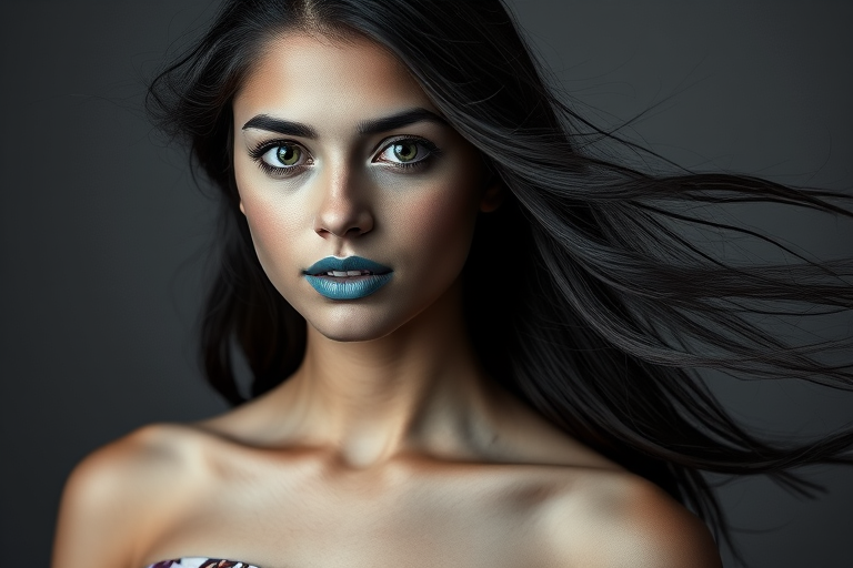 Striking Portrait of a Young Woman with Bold Blue Lipstick and Flowing Hair