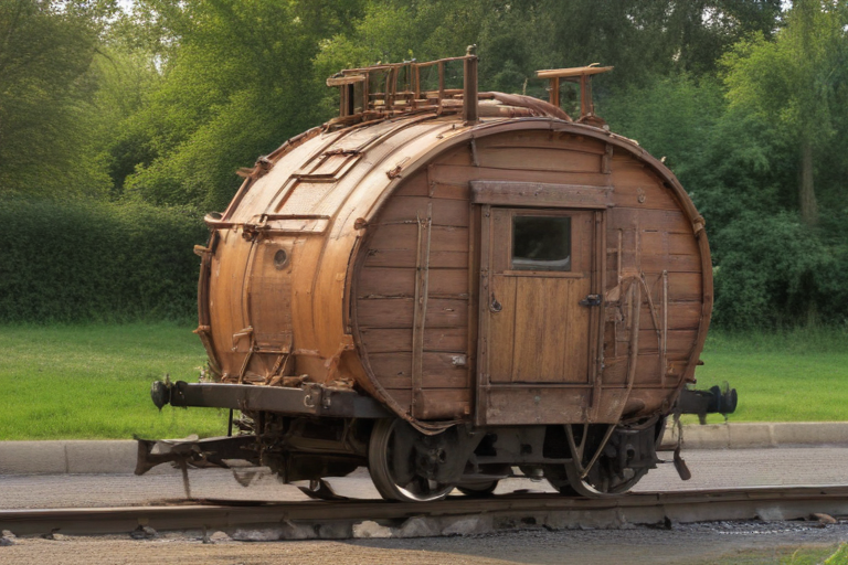 Old Wooden Train Car on Tracks Surrounded by Lush Green Trees