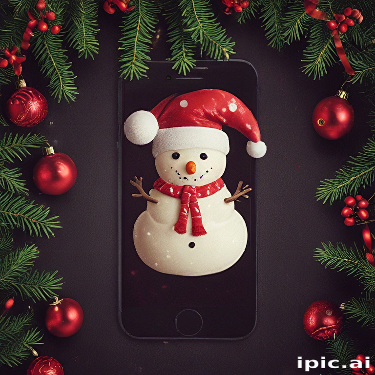 Festive Smartphone Displaying a Cheerful Snowman in a Santa Hat