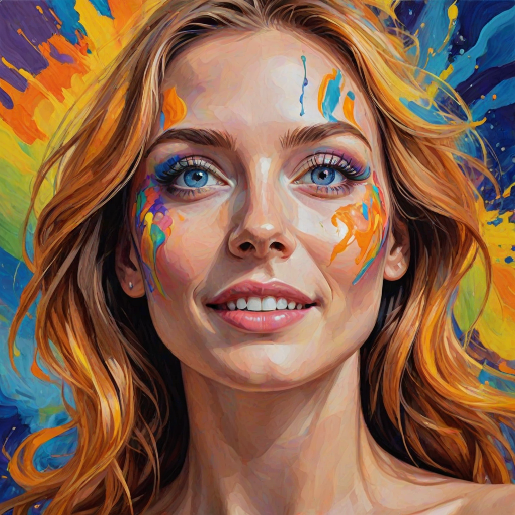 Vibrant Portrait of a Smiling Woman with Colorful Face Paint Art