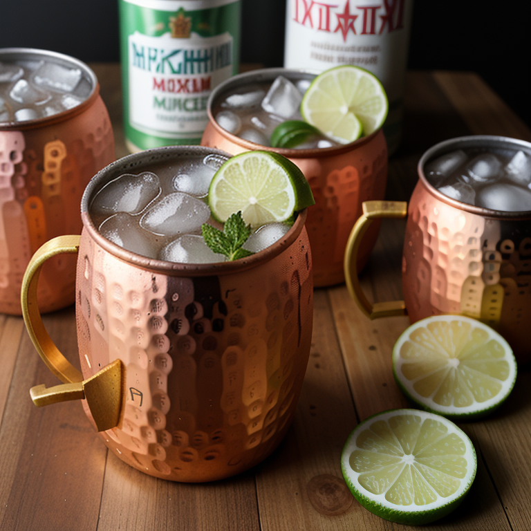 Refreshing Copper Mugs Filled with Classic Moscow Mule Cocktail and Lime