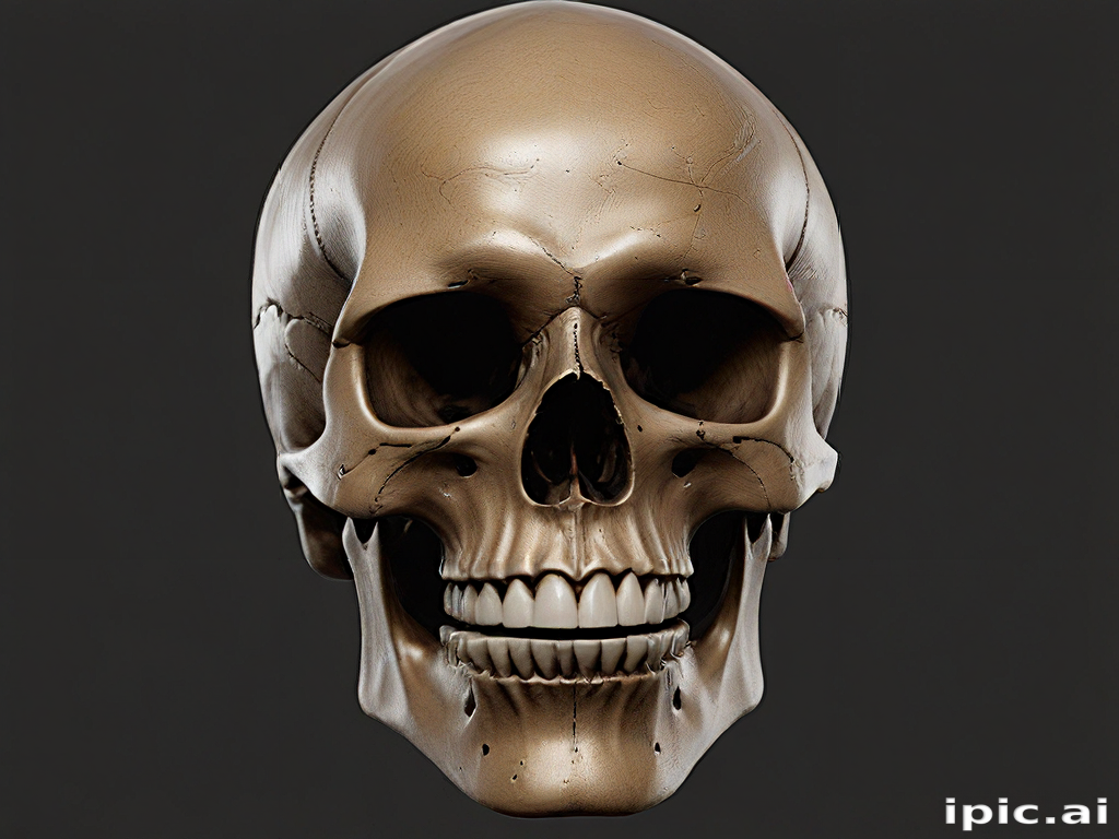 A Detailed 3D Rendering of a Human Skull with Realistic Features.