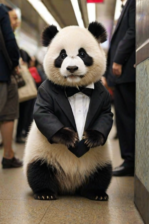 A Dapper Panda in a Tuxedo Stands Elegantly Inside a Subway Station.