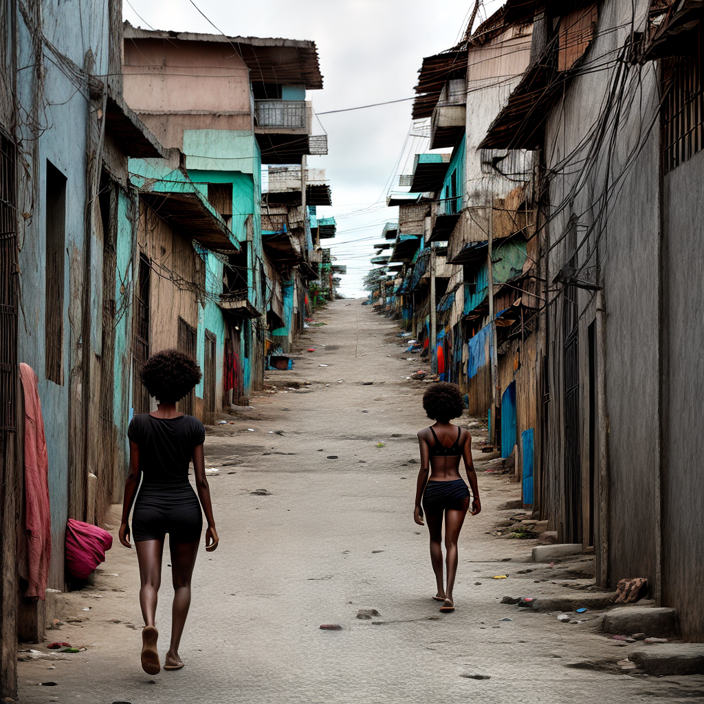 realistic image of a black woman walking down the favela street ...