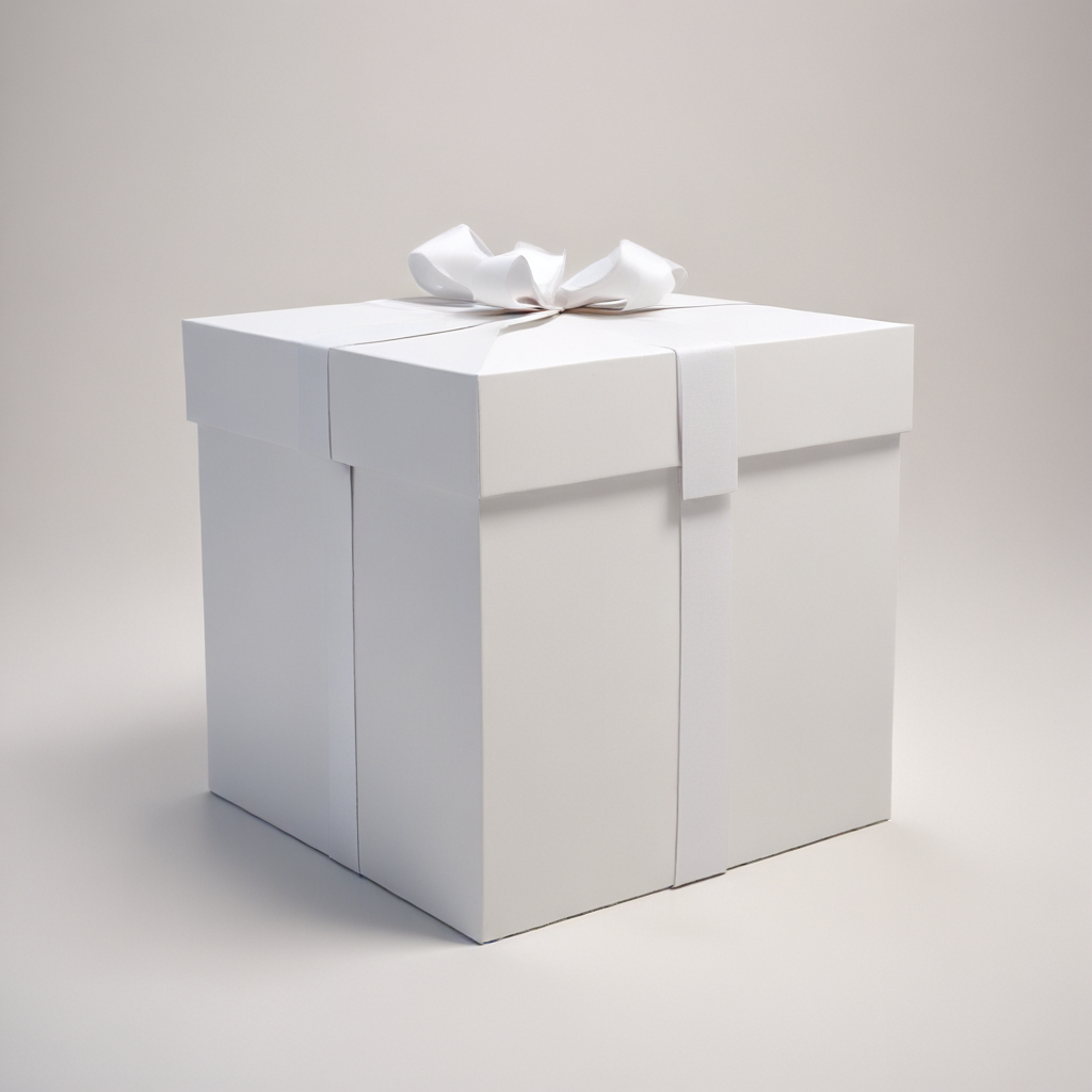 A Beautifully Wrapped White Gift Box with Elegant Ribbon and Bow.