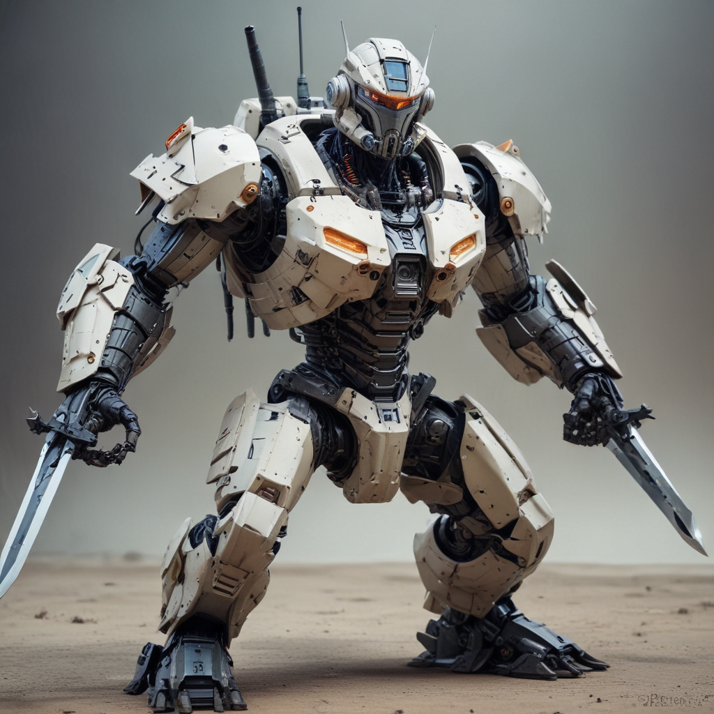 futuristic battle armored robot with mounted weapons all over holding a ...