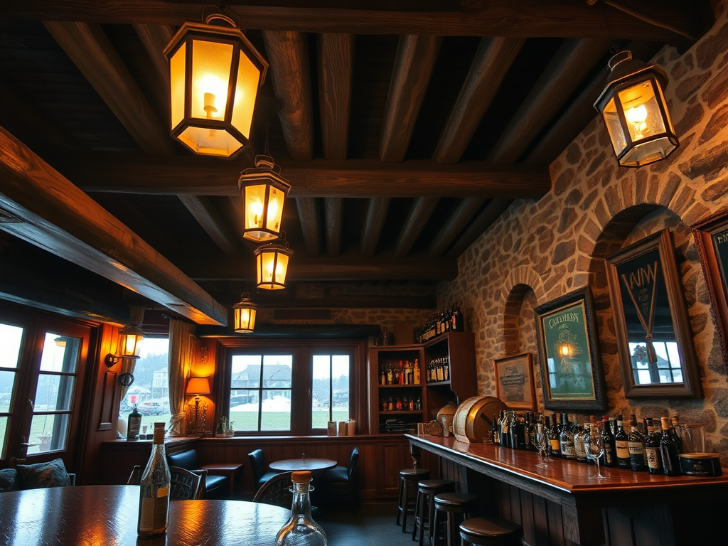 Cozy Rustic Bar Interior with Warm Lighting and Wooden Accents