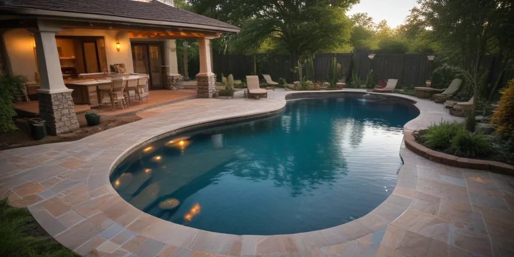 Serene Backyard Oasis with Sparkling Pool and Cozy Outdoor Seating Area