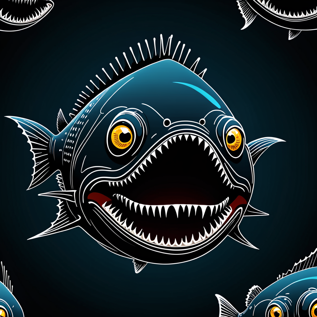 cartoon big teeth angler fish illuminated by it's lure swimming towards ...