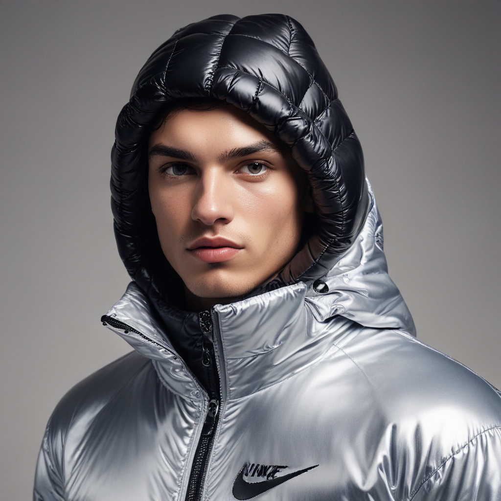 Male supermodel nike shiny puffer jacket bling jewellery hood