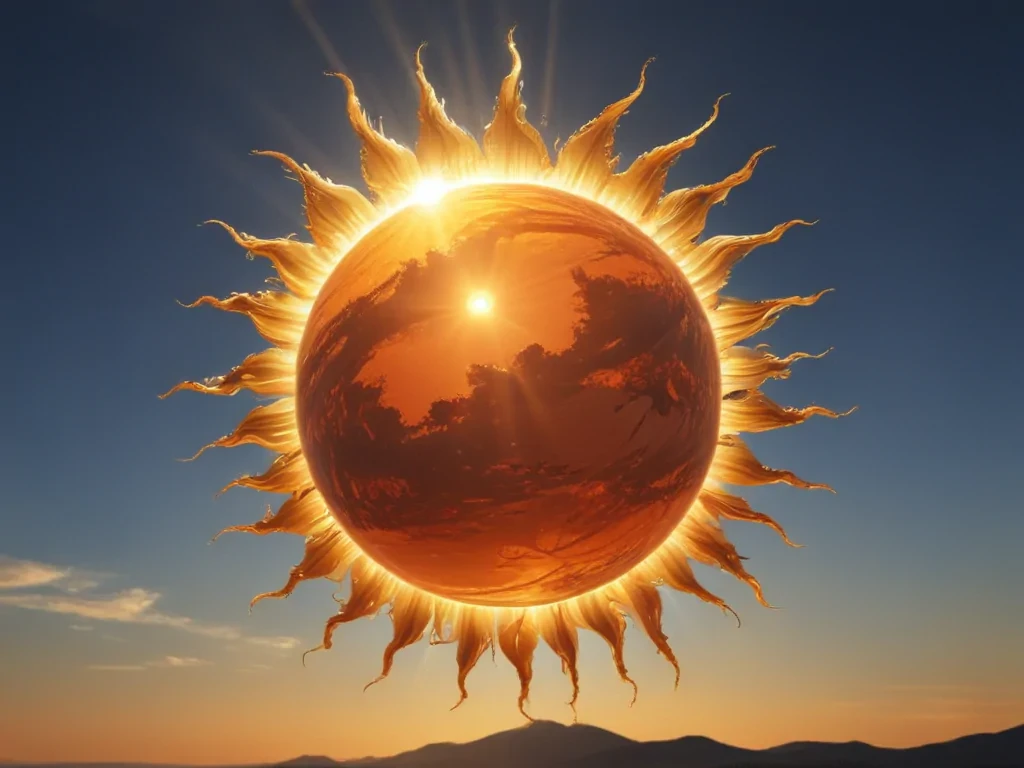 A Majestic Sunset with a Radiant Sun Surrounded by Golden Rays