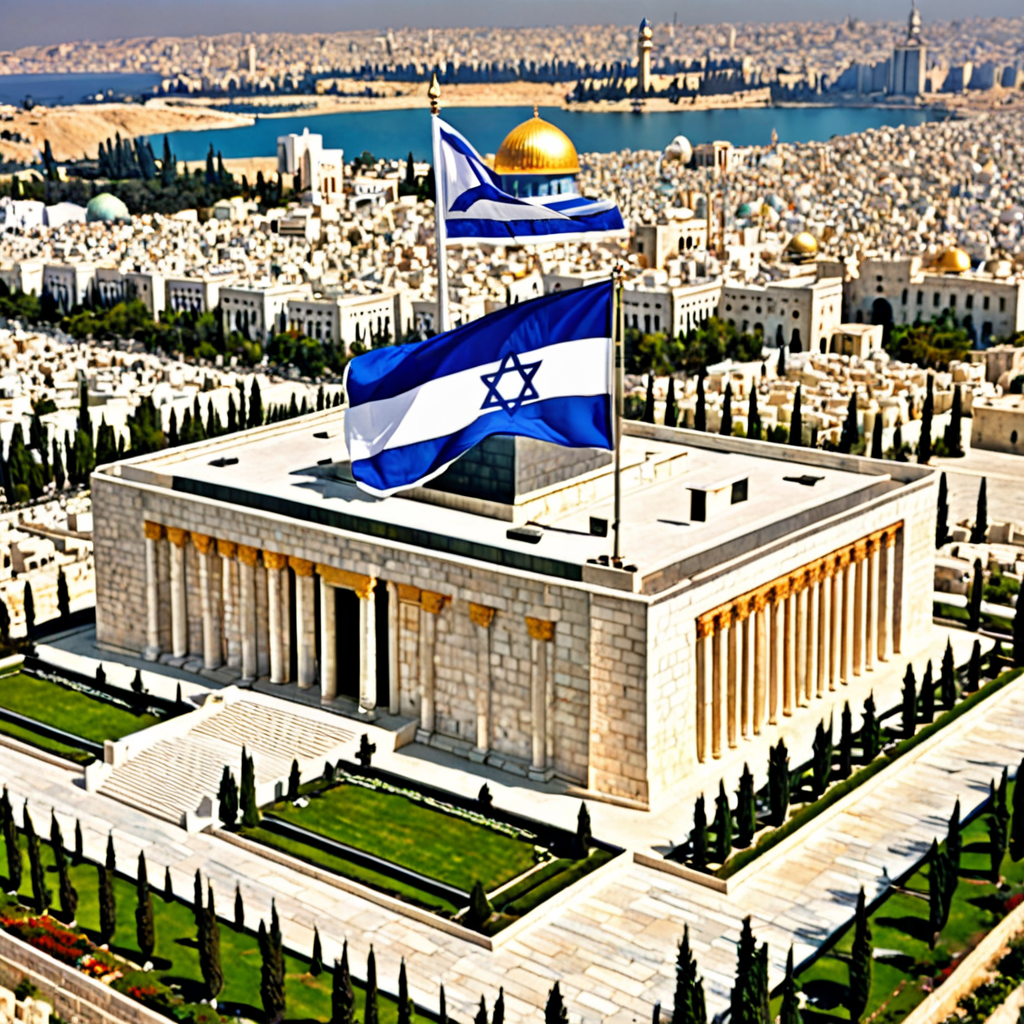 Jewish third temple with israel flag
