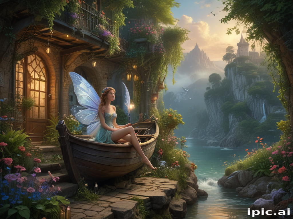 Enchanting Fairy Relaxing in a Magical Boat by a Serene River