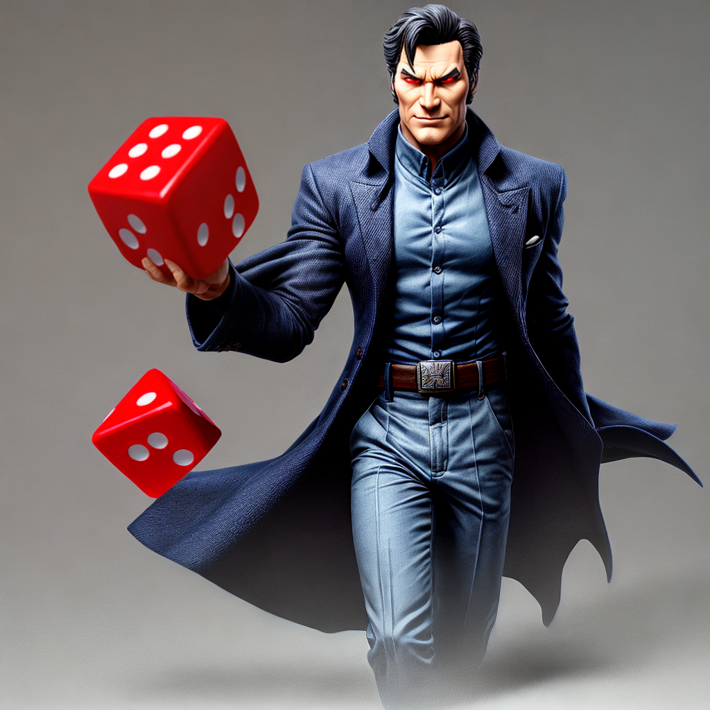 dice themed villain man holding a red dice