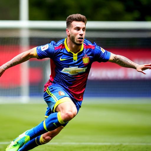 a fotball player in red and blue