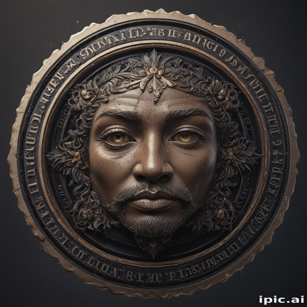Intricate Bronze Relief of a Majestic Face Surrounded by Decorative ...