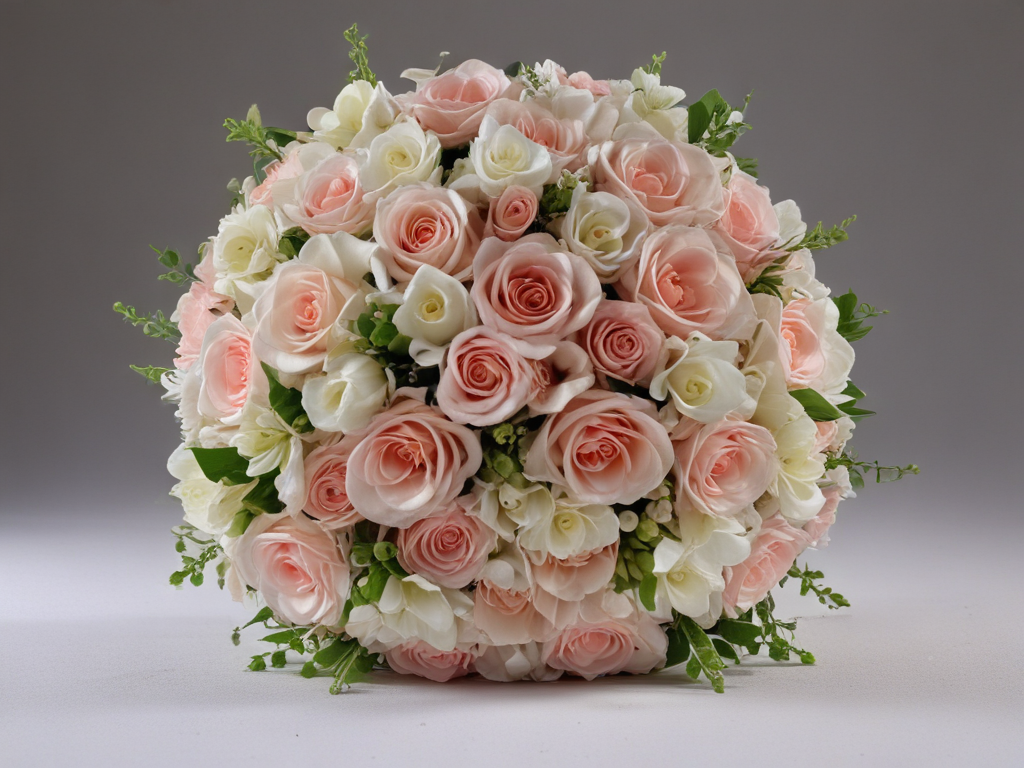 Beautiful Round Bouquet of Soft Pink and White Roses with Greenery