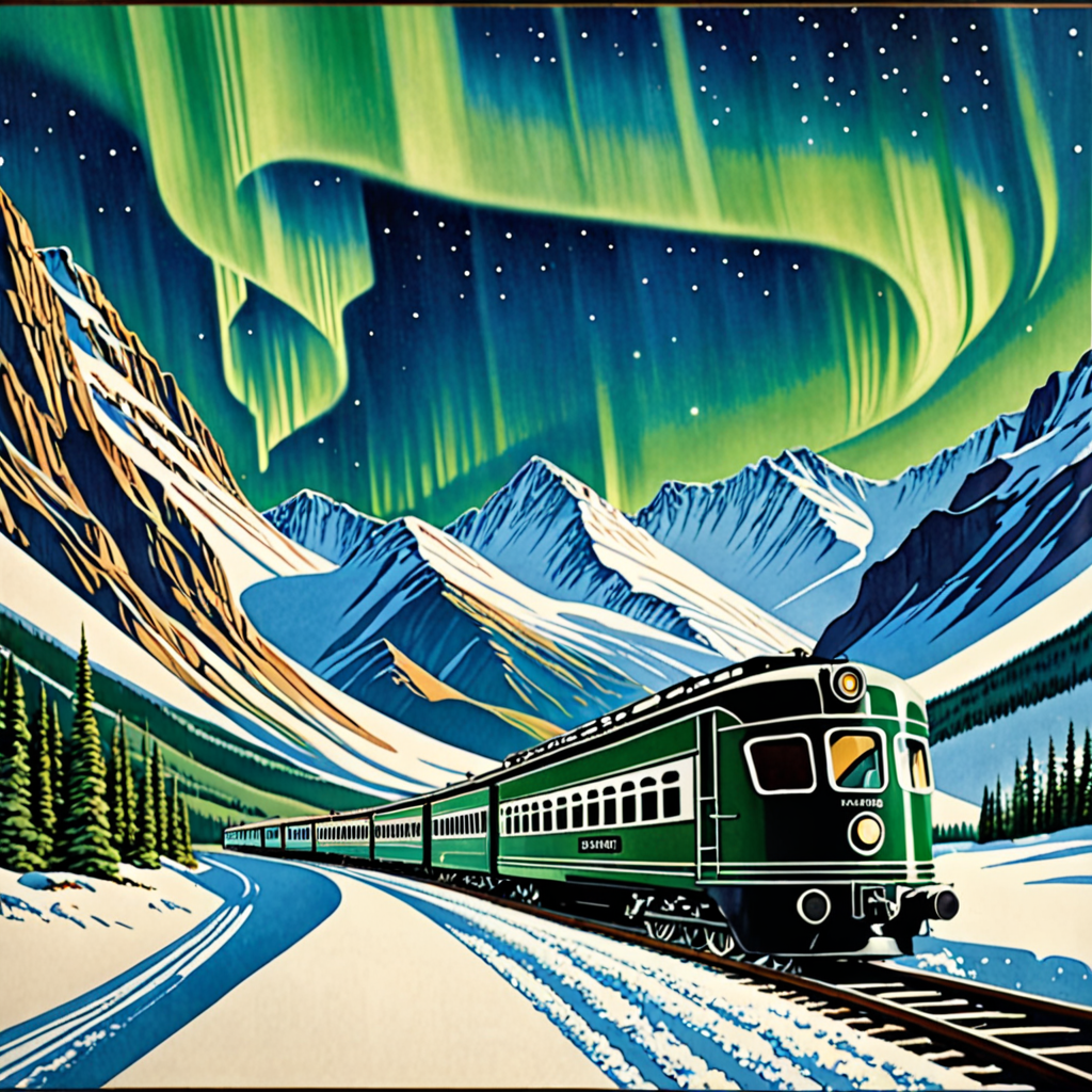 art deco streamline railway corporation poster train with mountains and ...
