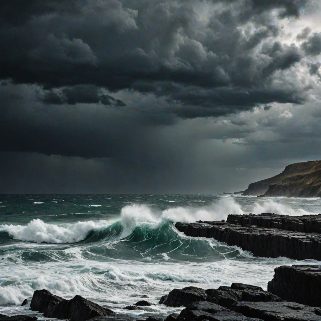 Moody Seascape: Dark Clouds and Turbulent Waves Crash Against Rocky ...