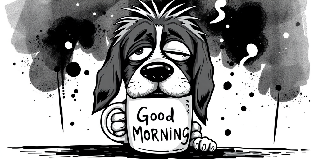 A Sleepy Dog Struggling to Embrace the Joy of Morning Coffee.