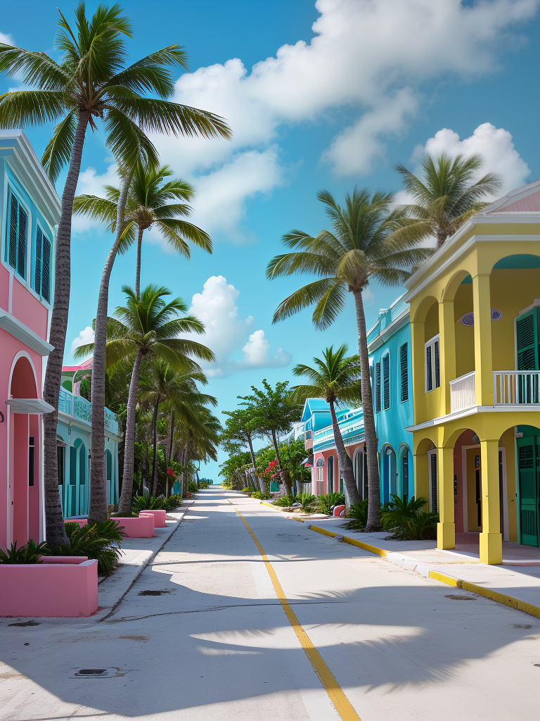 Colorful Coastal Street Lined with Palm Trees Under a Bright Blue Sky