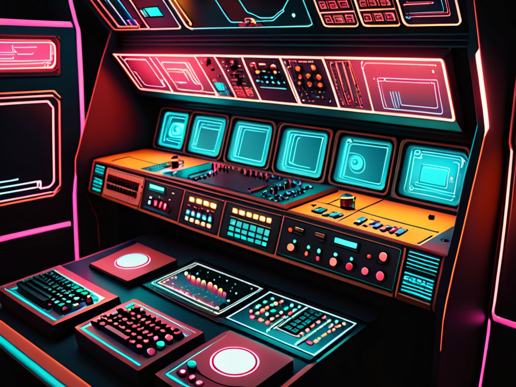 space ship controll console, retro computer and displays, cyberpunk ...