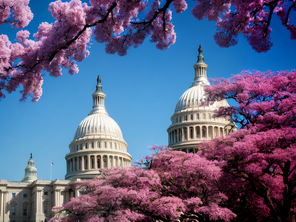 A detailed image of the united states capitol building with a jacaranda ...