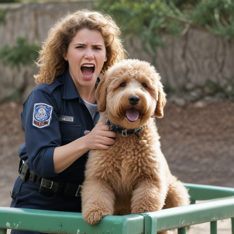 Angry Female policewoman gun roller coaster angry labradoodle fight