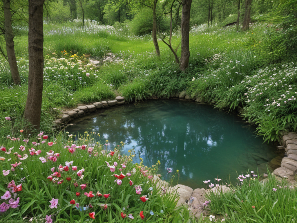 water spring srrounded by trees and flowers