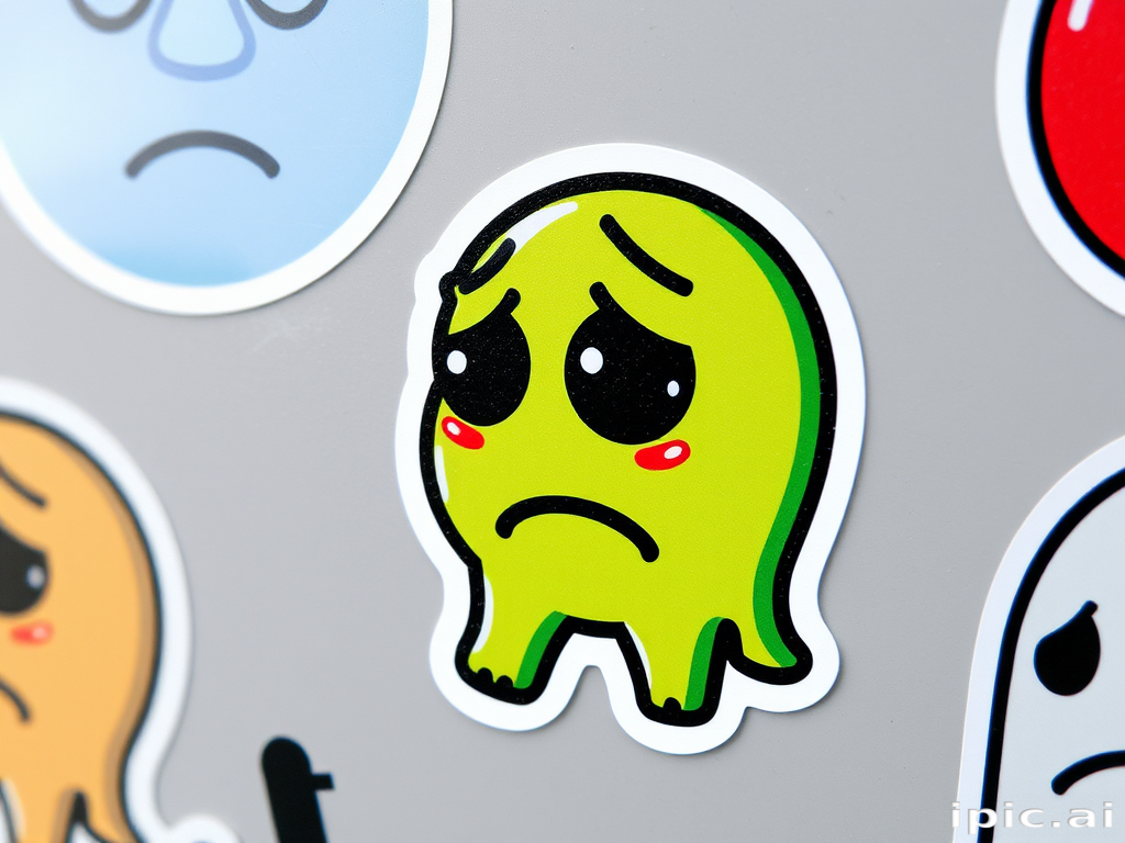 A Sad Green Cartoon Ghost Sticker Displayed on a Gray Background.