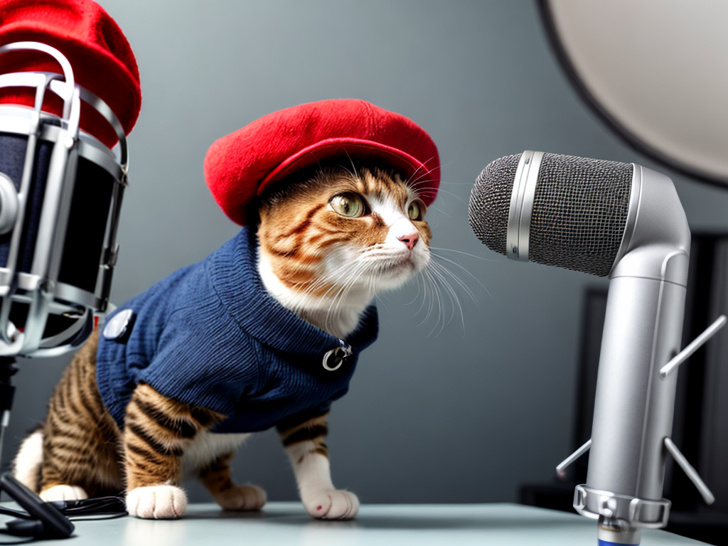 cat with a red hat singing into a microphone in a recording studio