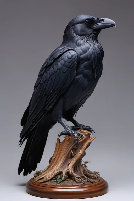 Majestic Black Raven Sculpture Perched Gracefully on a Natural Wood Base