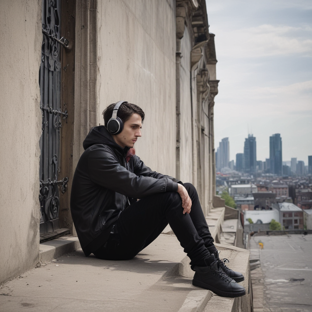 A goth dude sitting alone on the edge of a building, wearing headphones ...