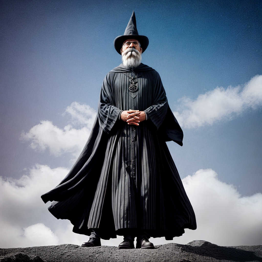 wizard, in black robes, with a mustache