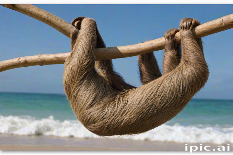 Sloth Relaxing on a Branch Overlooking a Beautiful Ocean View