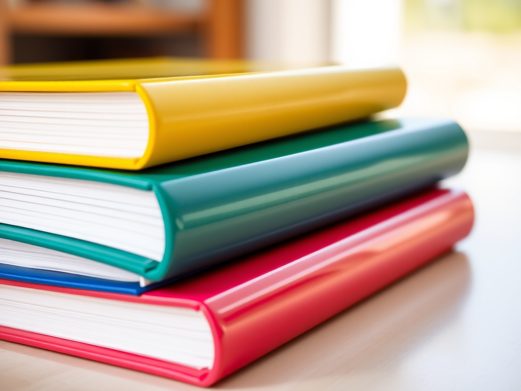 Create a high-resolution image of a stack of three colorful books with ...