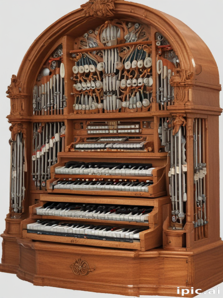 Intricate Wooden Pipe Organ with Multiple Keys and Decorative Details