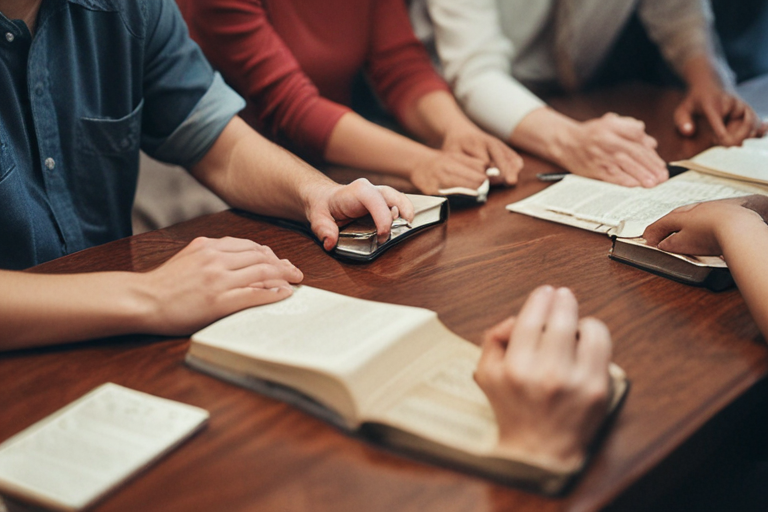 Modern american People praying together sitting at a table with bibles