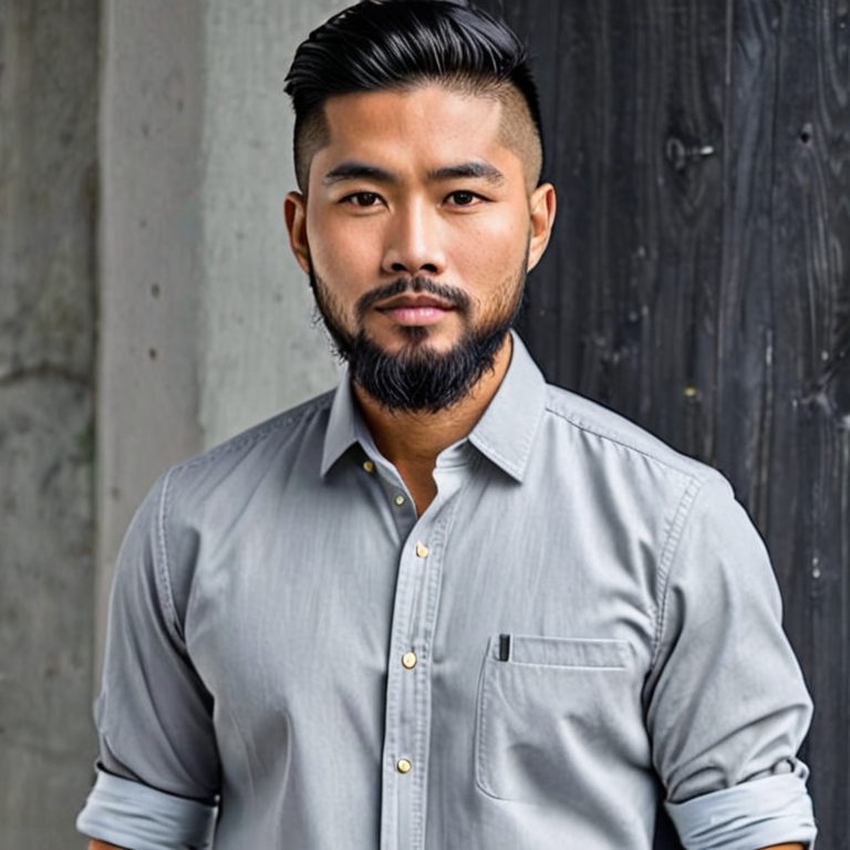 mixed asian man with beard at work short haircut button down shirt