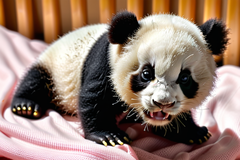 A Playful Baby Panda Curled Up on a Soft Pink Blanket.